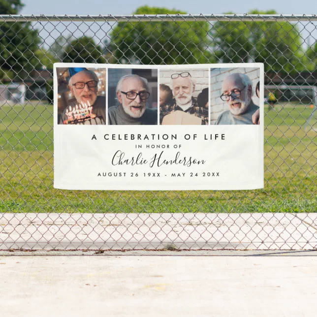 Modern 4-Photo Custom Text Funeral Banner | Zazzle