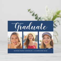 Modern 4 Photo Elegant Blue White Graduation Announcement | Zazzle