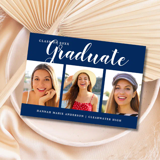Modern 4 Photo Elegant Blue White Graduation Announcement | Zazzle