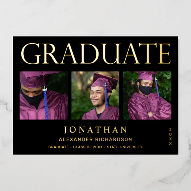 Modern 4 Photo Foil Graduation Announcement Black | Zazzle