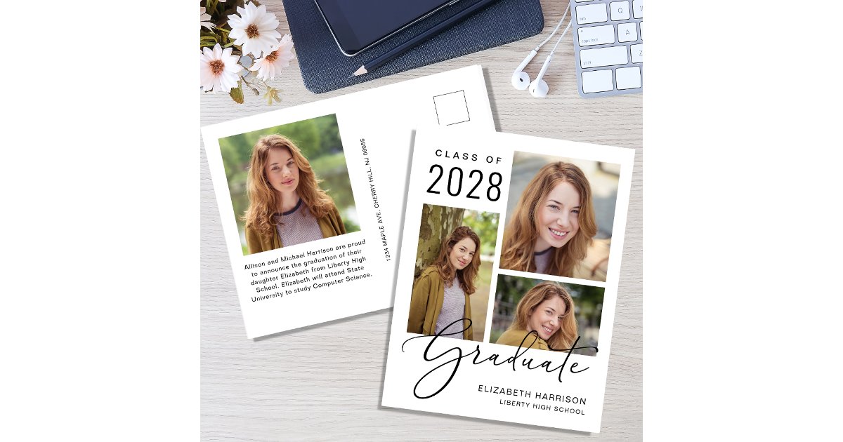 Modern 4 Photo Graduation Announcement Postcard | Zazzle