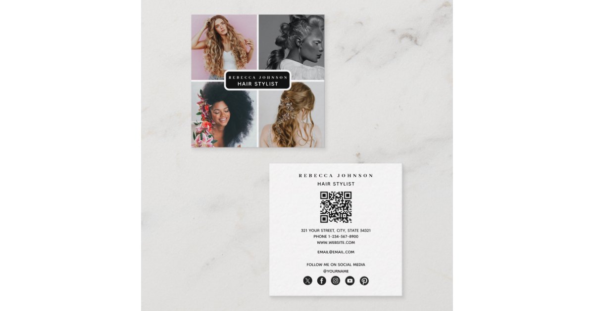 Modern 4 Photo Hair Salon Stylist Beauty QR Code Square Business Card ...