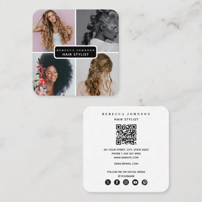 Modern 4 Photo Hair Salon Stylist Beauty QR Code Square Business Card ...
