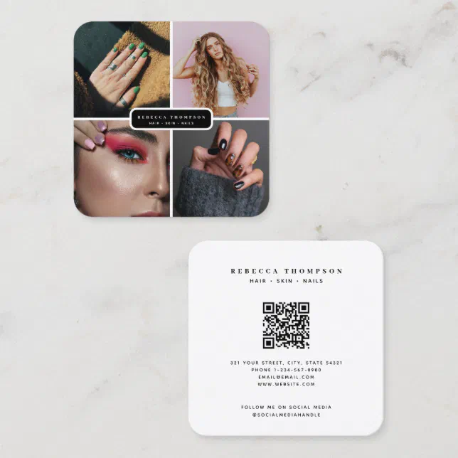 Modern 4 Photo Hair Skin Nail Salon QR Code Square Business Card | Zazzle