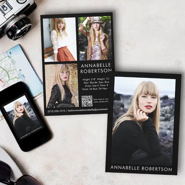 Modern 4 Photo Model Actor QR Code Comp Card | Zazzle