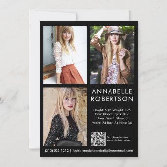 Modern 4 Photo Model Actor QR Code Comp Card | Zazzle