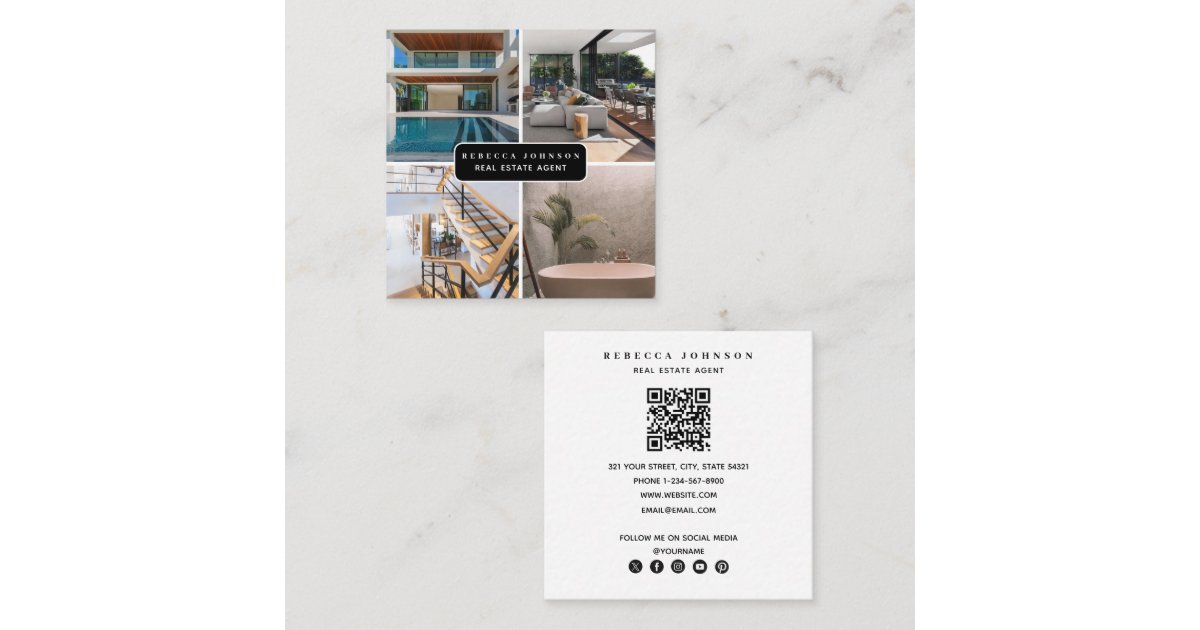 Modern 4 Photo Real Estate Agent QR Code Square Business Card | Zazzle