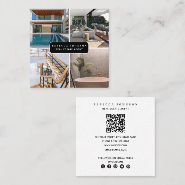 Modern 4 Photo Real Estate Agent QR Code Square Business Card | Zazzle