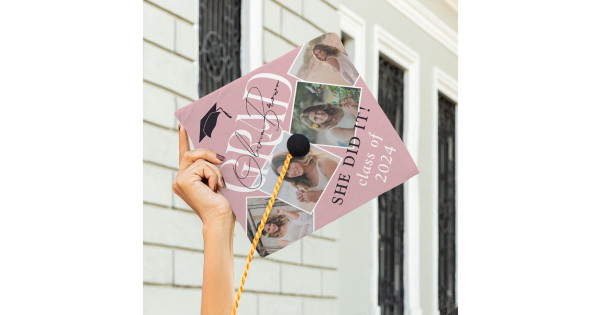 Modern 4 Photo & Signature Graduation Party Pink Graduation Cap Topper ...