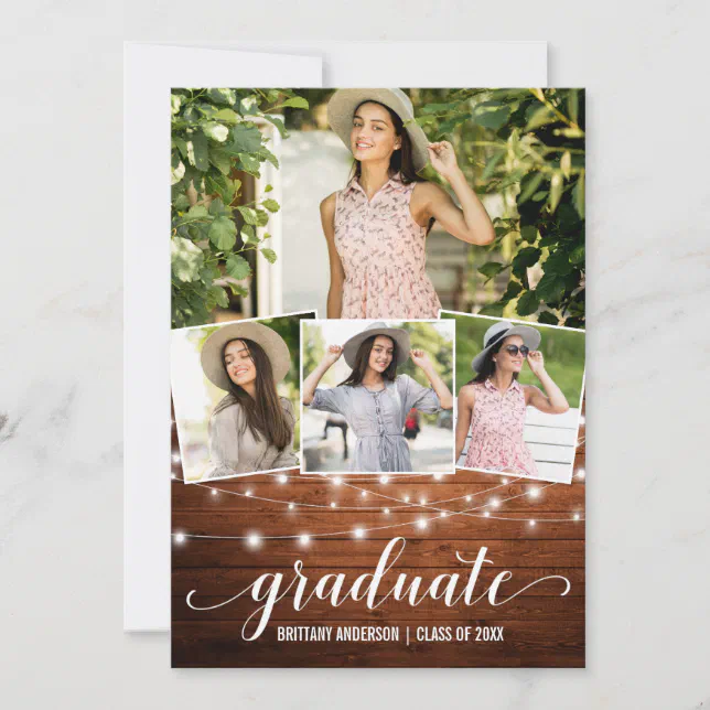 Modern 4 Photo Wood Lights Graduation Announcement | Zazzle
