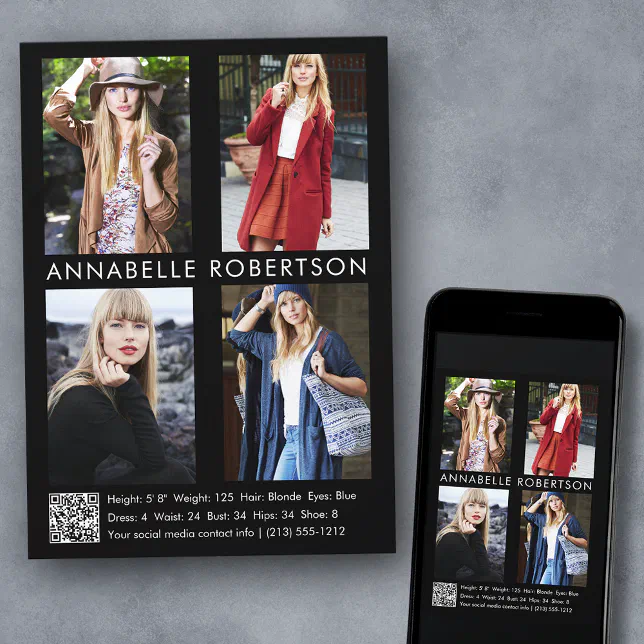 Modern 4 Photos Model Actor QR Code Comp Card | Zazzle