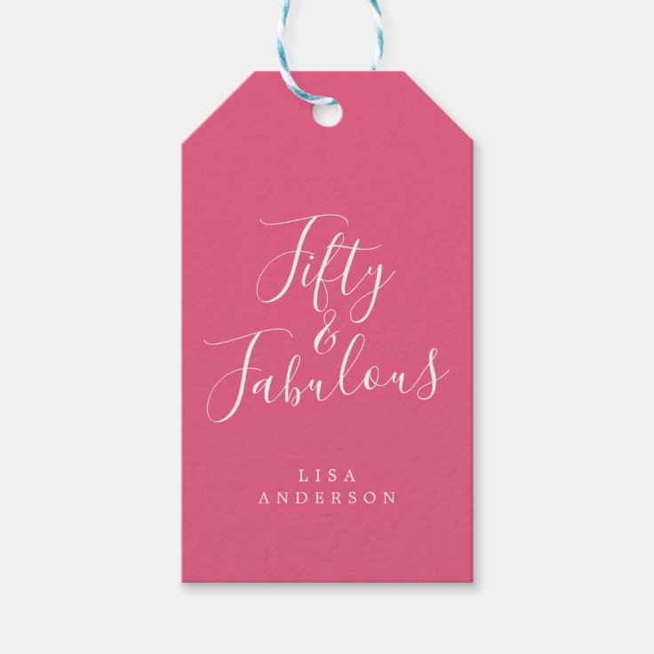 Modern 50 Fabulous Hot Pink Name 50th Birthday Gift Tags | Zazzle