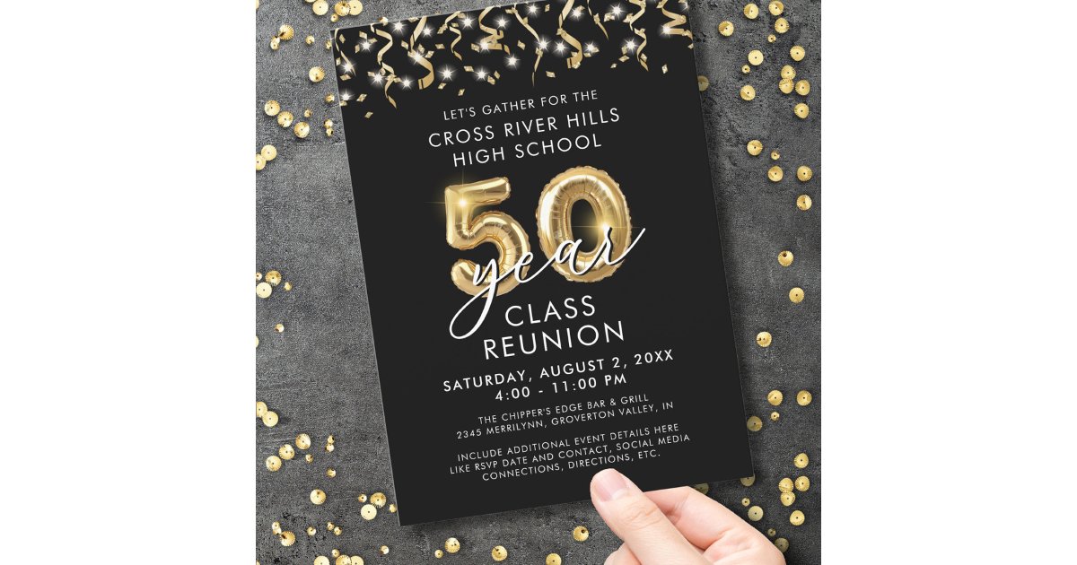 Modern 50 Year Class Reunion Black Gold Streamers Invitation | Zazzle