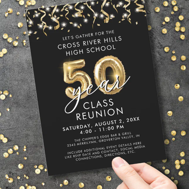 Modern 50 Year Class Reunion Black Gold Streamers Invitation | Zazzle
