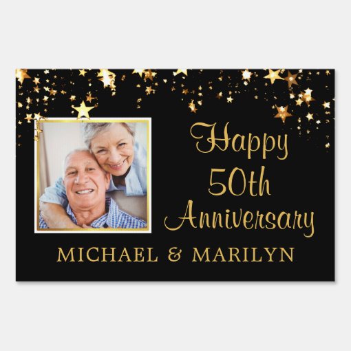 Modern 50th Anniversary Photo Black Gold Stars Sign | Zazzle