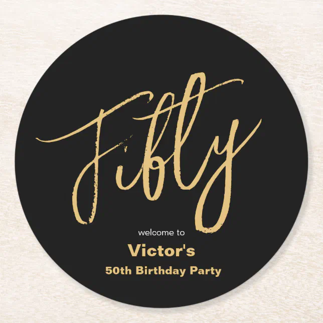 Modern 50th Birthday Black Gold Typography Custom Round Paper Coaster ...