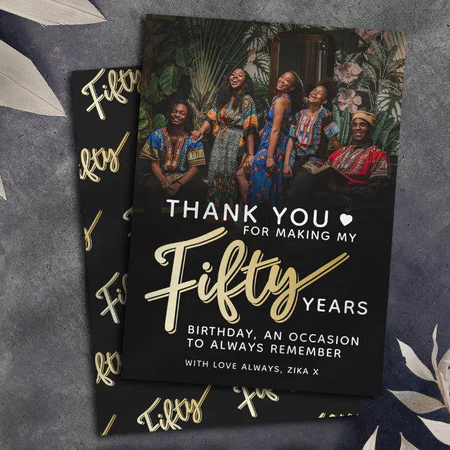 Modern 50th birthday gold black fifty script text thank you card | Zazzle