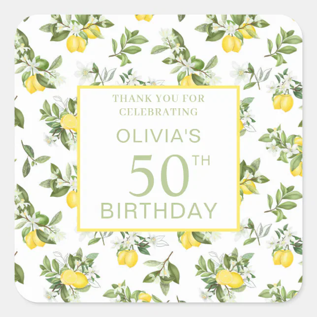 Modern 50th Birthday Lemon Citrus Botanical Square Sticker | Zazzle