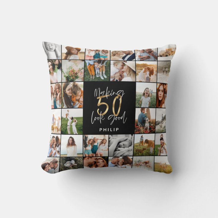 Modern 50th birthday multi photo script gift throw pillow | Zazzle