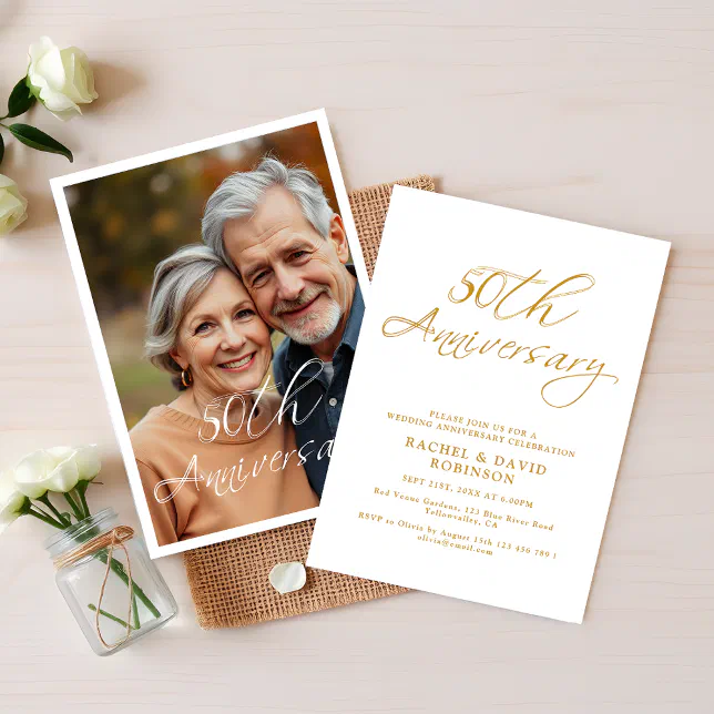 Modern 50th Wedding Anniversary Gold Script Photo Invitation | Zazzle