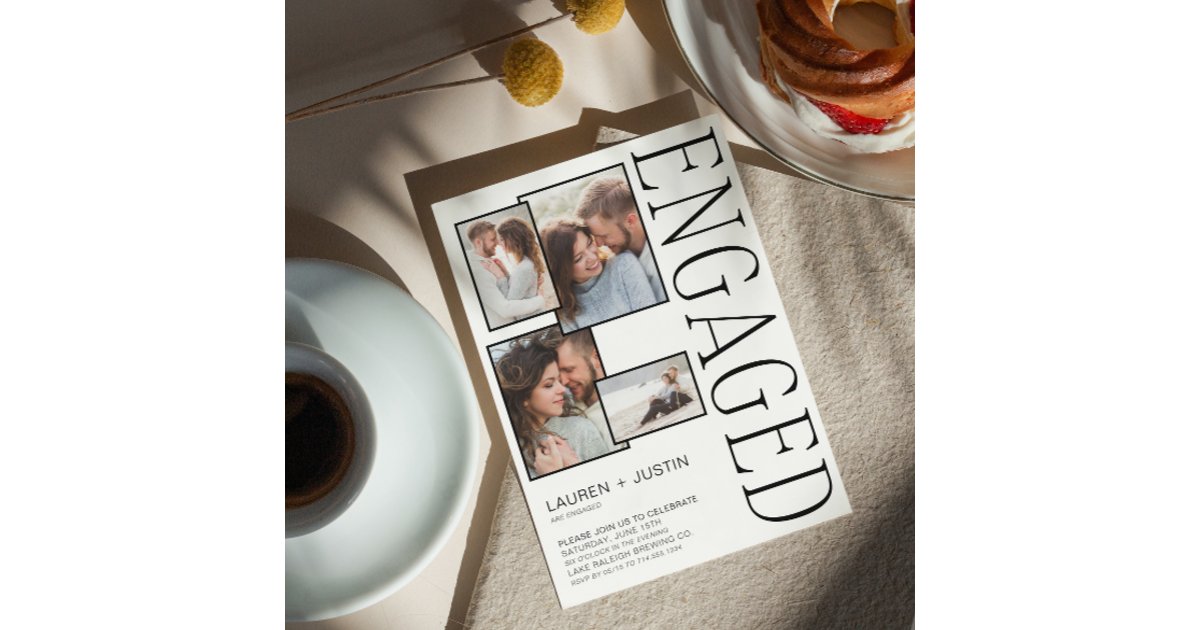 Modern 5 Photo Collage Black White Engagement Announcement | Zazzle