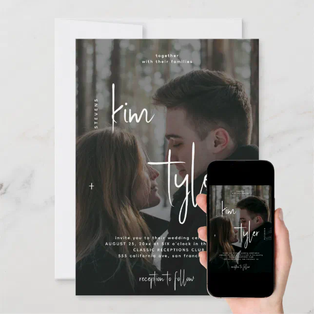 Modern 5 photo collage QR CODE script wedding Invitation | Zazzle