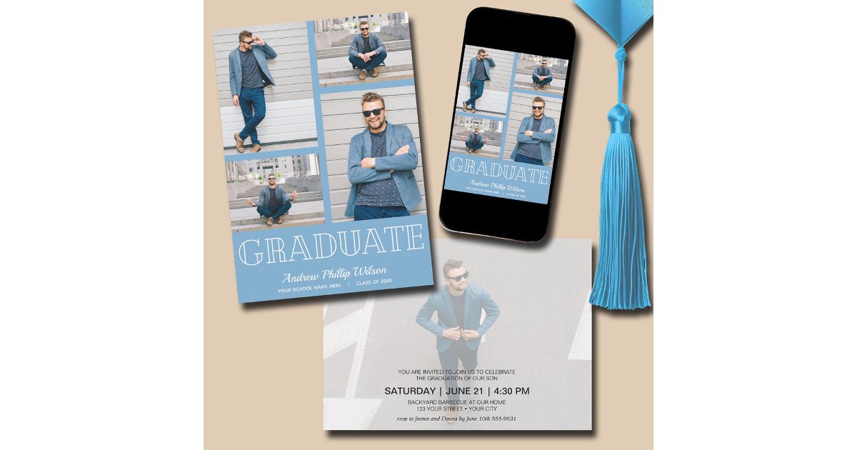Modern 5 Photo Graduation Party Powder Blue Invitation | Zazzle
