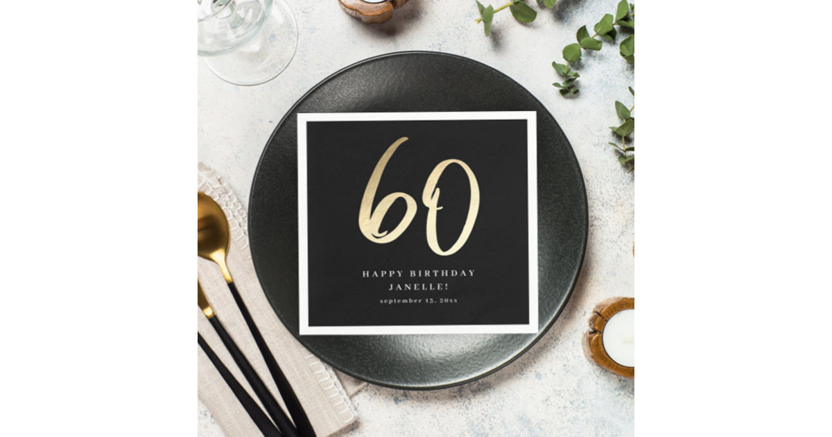 Modern 60th Birthday Black & Gold Script Napkins | Zazzle