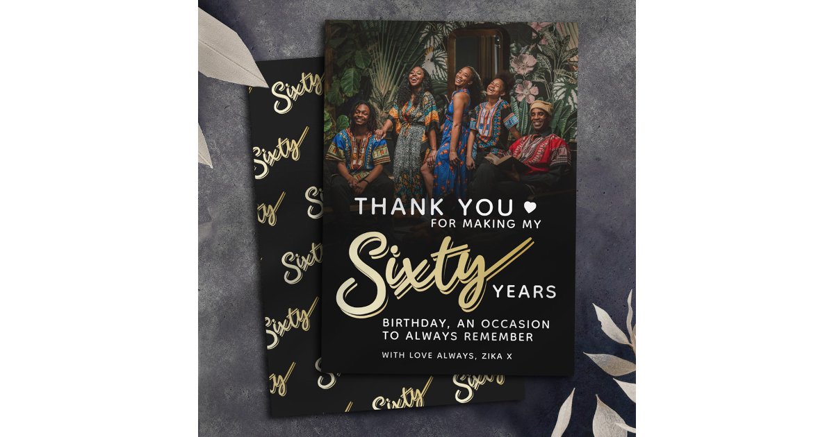 Modern 60th birthday gold black sixty script text thank you card | Zazzle