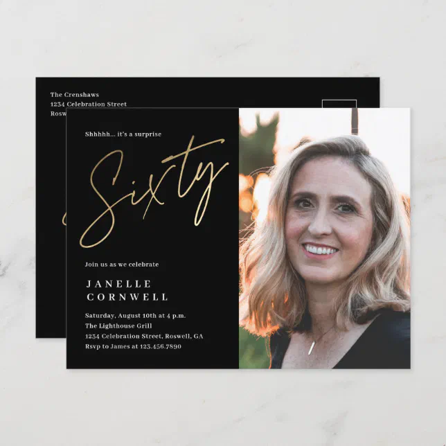 Modern 60th Birthday Photo Black & Gold Script Invitation Postcard | Zazzle