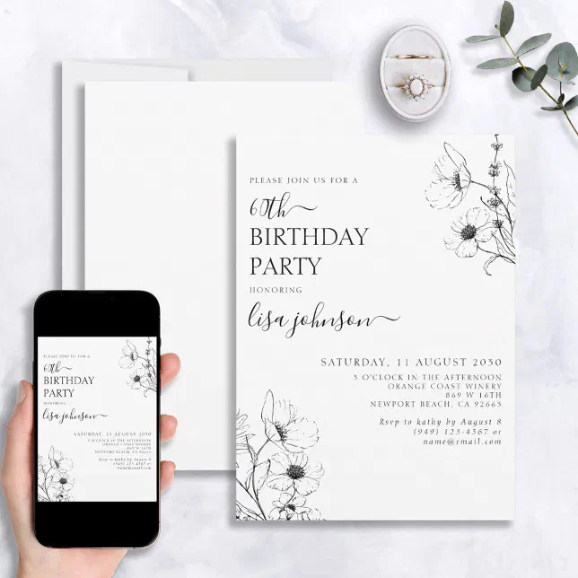 Modern 60th Birthday Script Black White Floral Invitation | Zazzle