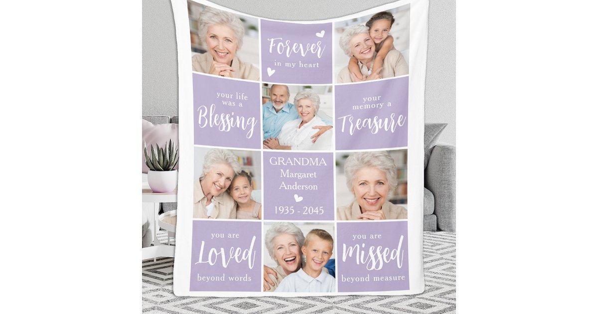 Modern 6 Photo Collage Family Memorial Poem Fleece Blanket | Zazzle