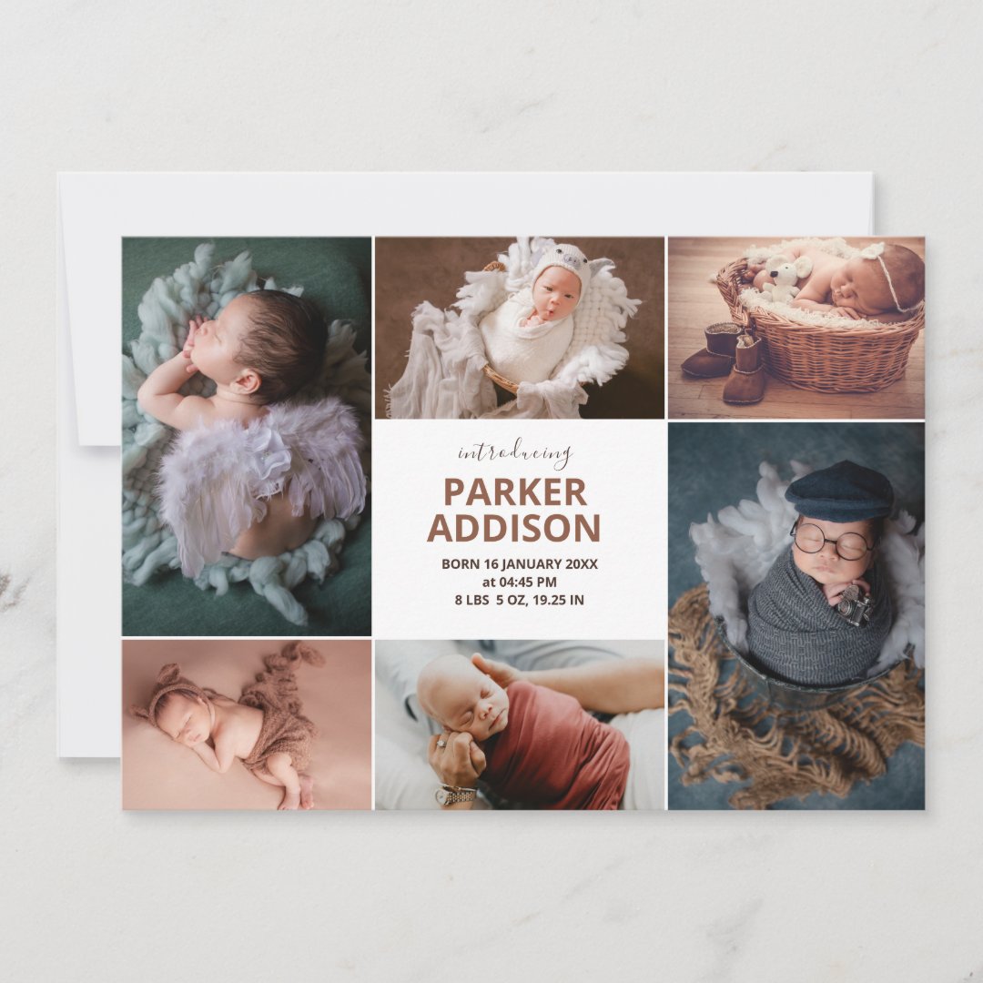 Modern 6 Photo Collage Grid Newborn Baby Birth Announcement | Zazzle