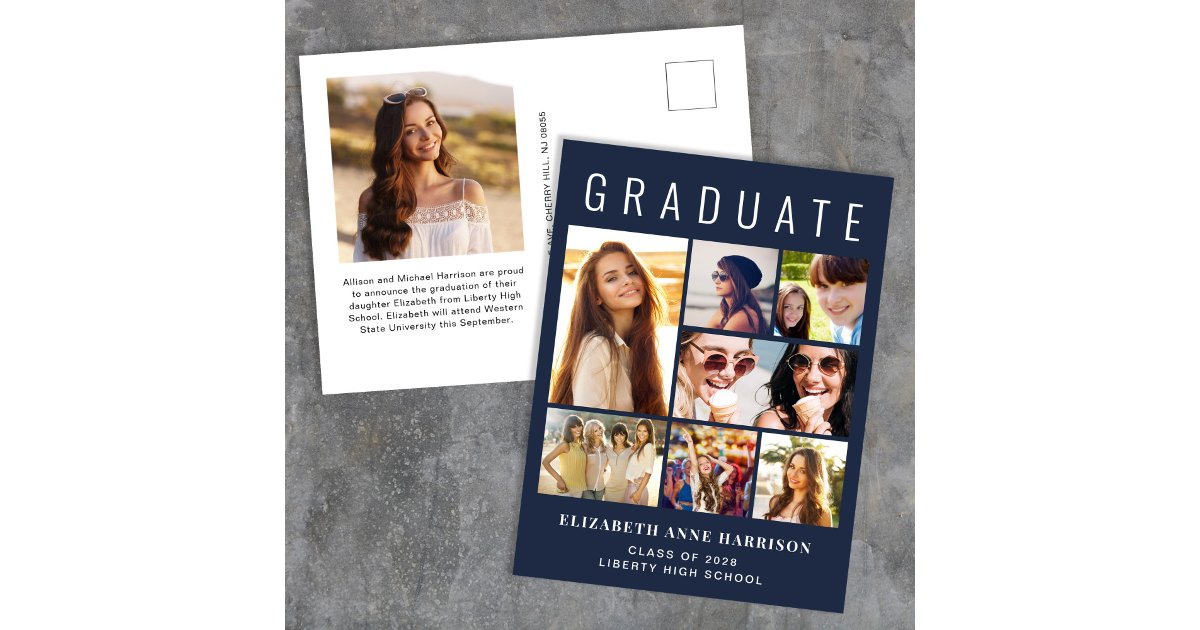 Modern 8 Photo Blue Graduation Announcement Postcard | Zazzle