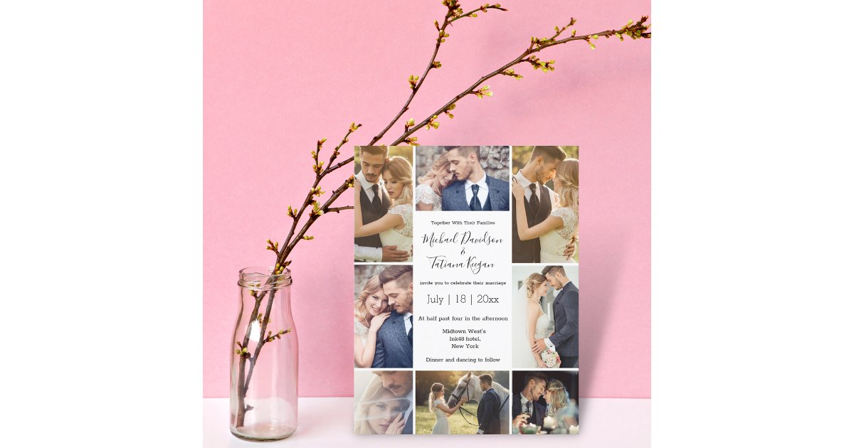 modern 8 photos collage minimalist wedding invitation | Zazzle