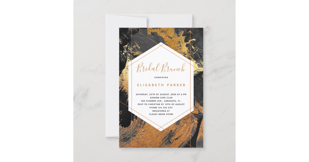Modern abstract art black and gold bridal shower invitation | Zazzle