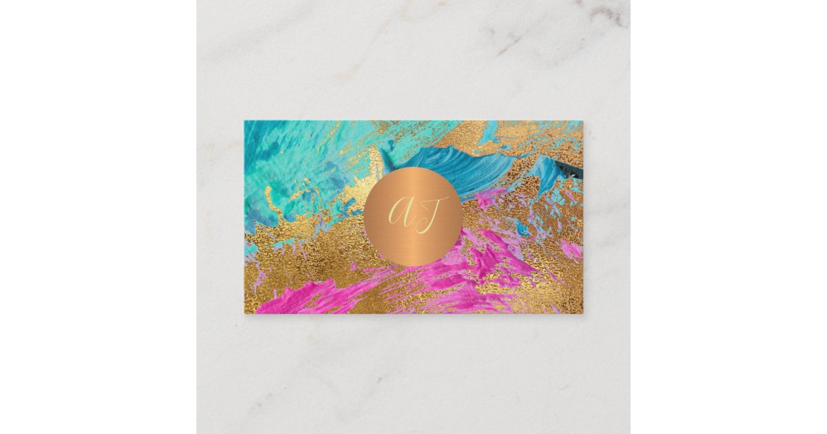 Modern abstract art painting copper gold monogram business card | Zazzle
