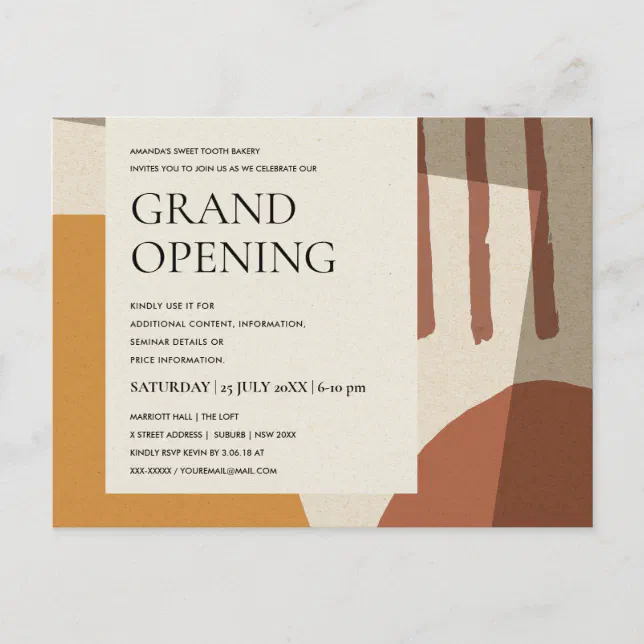 MODERN ABSTRACT ART RUST YELLOW GRAND OPENING ANNOUNCEMENT POSTCARD ...