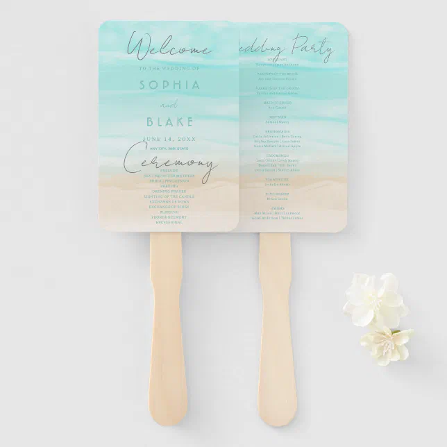 Modern Abstract Beach Wedding Program Hand Fan | Zazzle