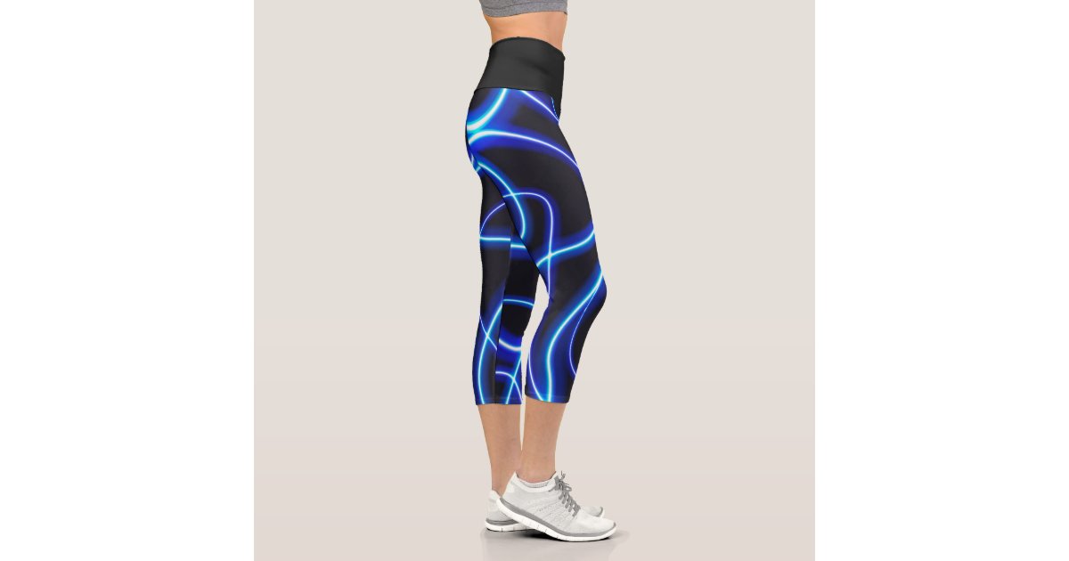 Modern Abstract Black And Blue Neon Capri Leggings | Zazzle