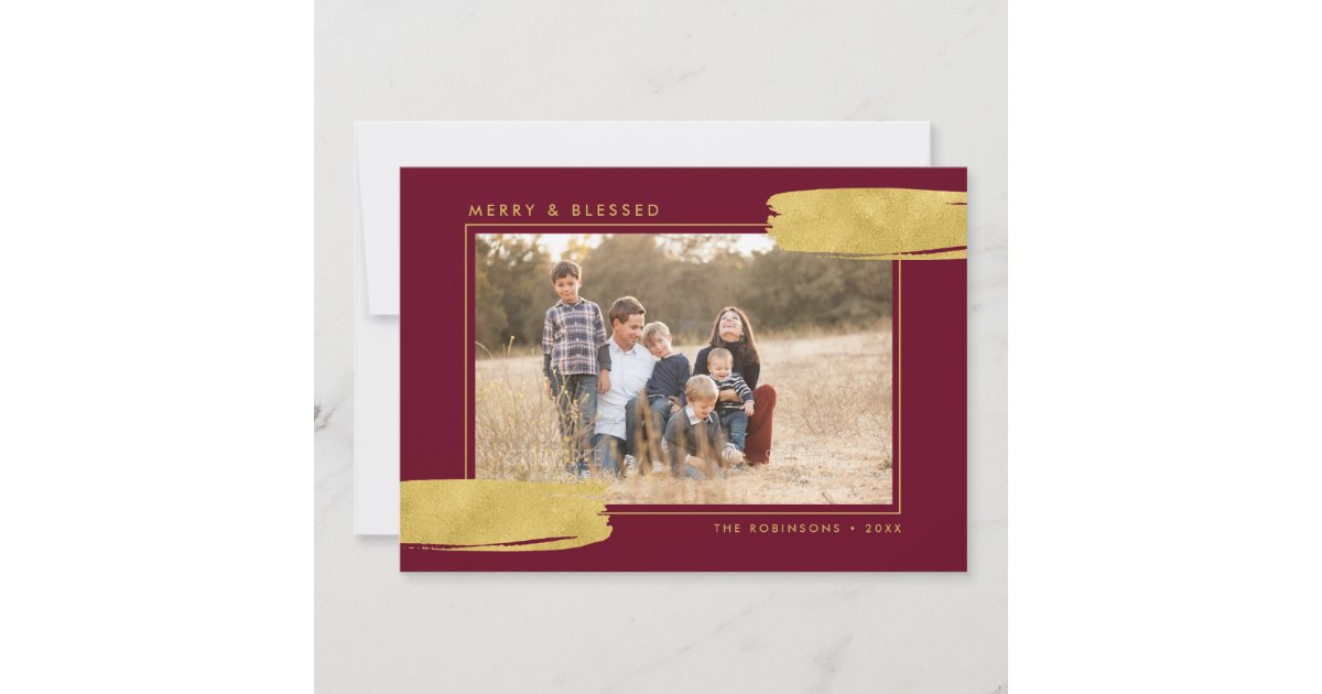 Modern Abstract Gold and Burgundy Religious Photo Holiday Card | Zazzle