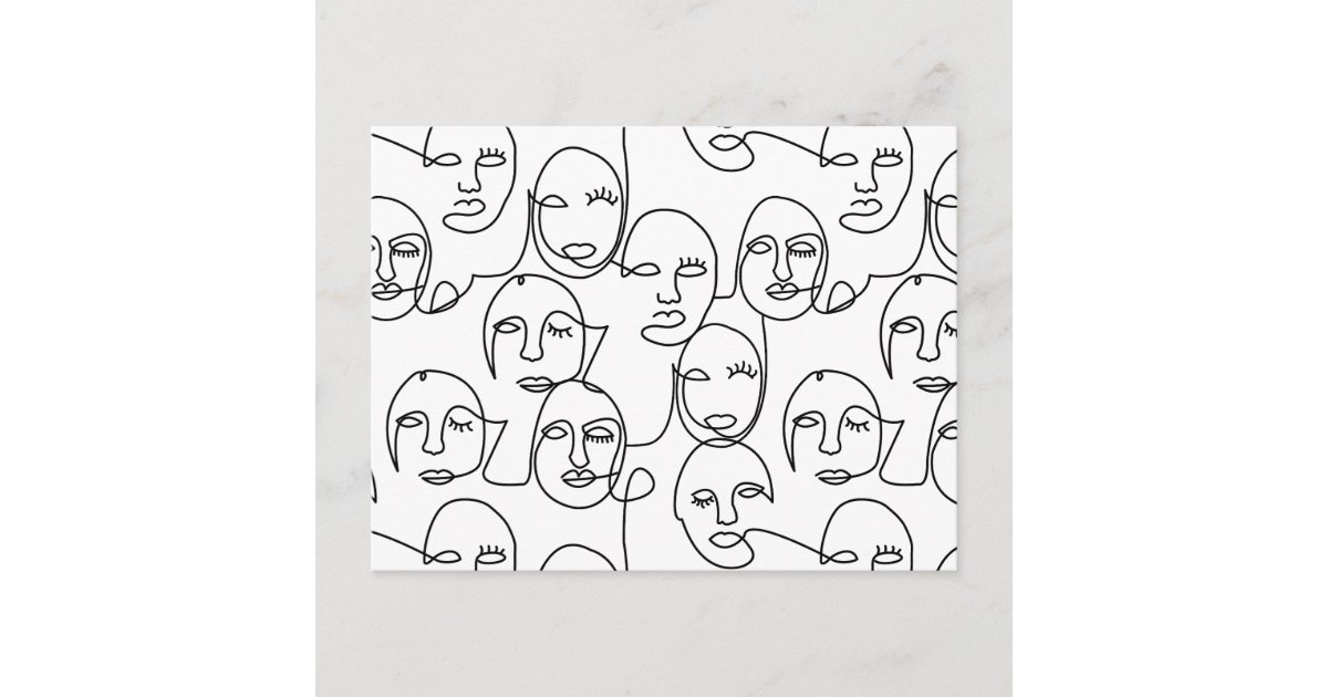 Modern Abstract Lines Faces Continuous Line Art Holiday Postcard | Zazzle