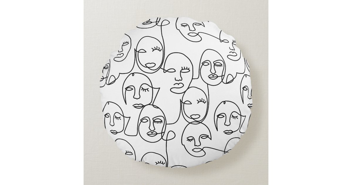 Modern Abstract Lines Faces Continuous Line Art Round Pillow | Zazzle