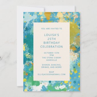 Modern Abstract Paint Art Cool Blue 25th Birthday Invitation | Zazzle