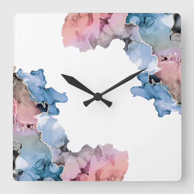Modern Abstract Paint Splash Inks Blue Pink Square Wall Clock | Zazzle