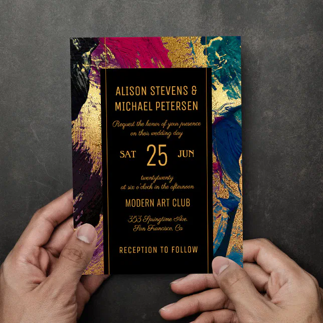 Modern abstract painting gold black red wedding invitation | Zazzle