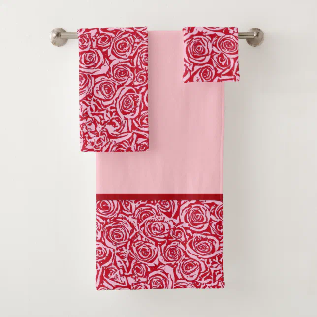 Modern Abstract Rose Pattern, Rose Red and Pink Bath Towel Set | Zazzle