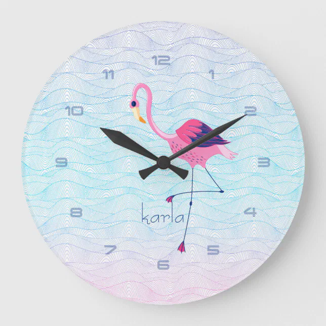 Modern Abstract Water Waves & Pink Flamingo Large Clock | Zazzle