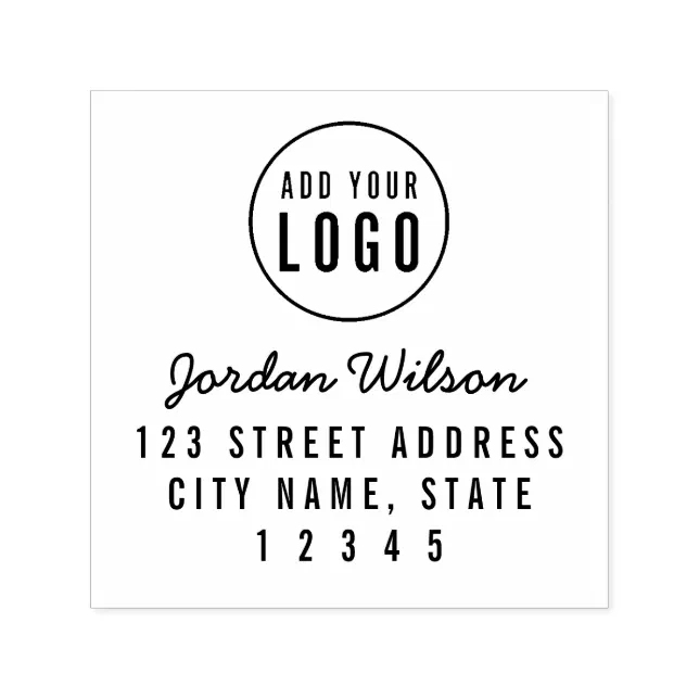 Modern Add Your Logo Script and Bold Address Self-inking Stamp | Zazzle