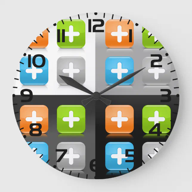 Modern Addition Math Symbol Shiny Glassy Icons Large Clock | Zazzle